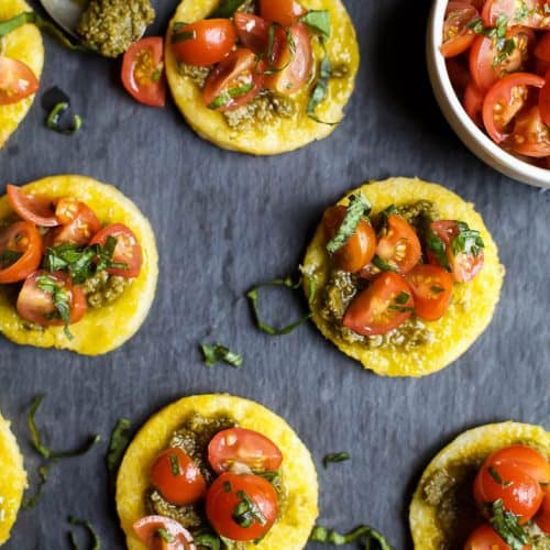 Pesto Polenta Bites with Tomato Bruschetta | Easy Italian Appetizer
